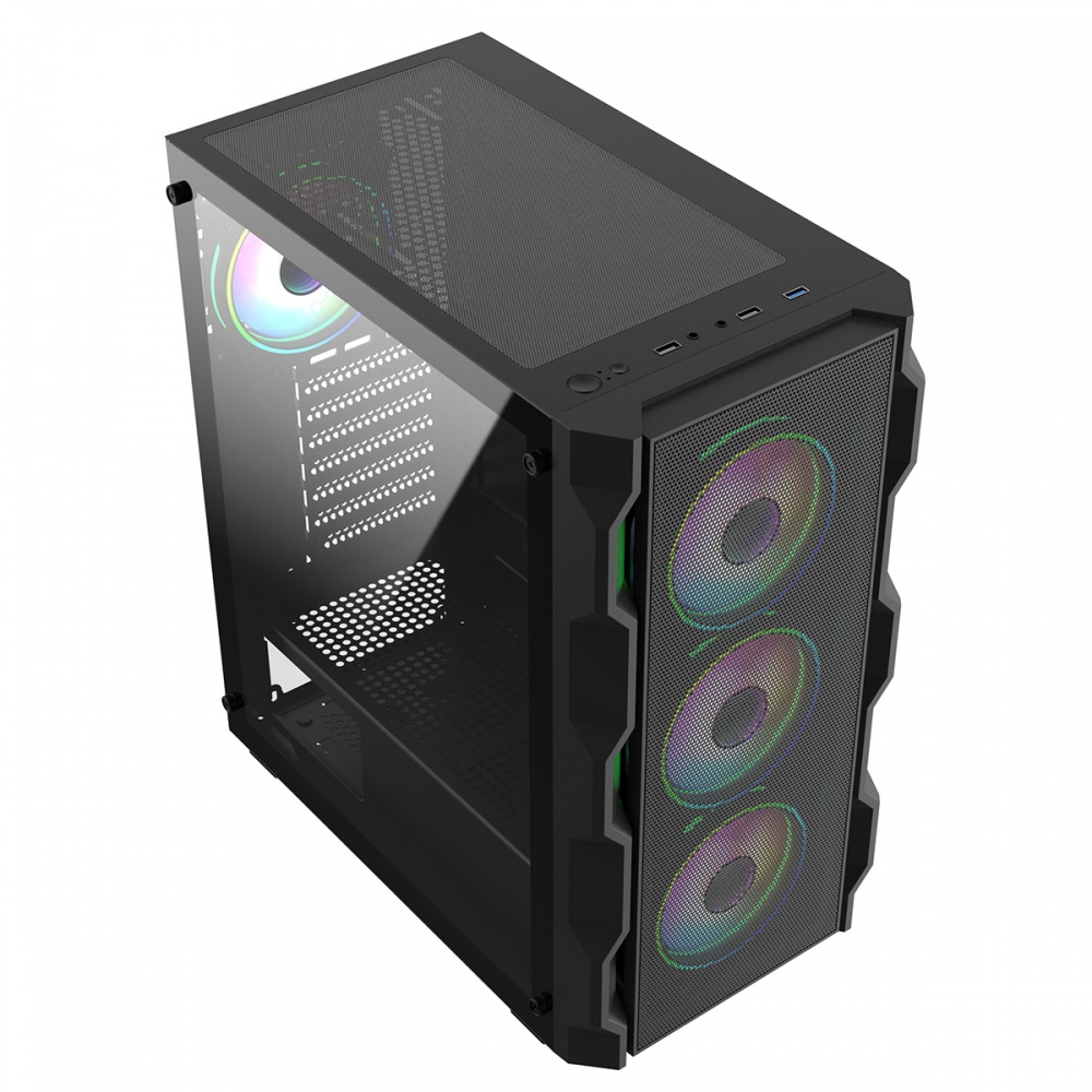 CIT Neo Black ATX Gaming PC Case 4X Dual-Ring Infinity Fans Mesh Front ...
